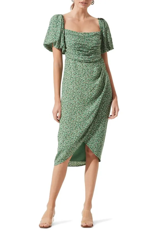 Astr The Label Square Neck Bubble Sleeve Dress - Green Multi Floral |  Editorialist
