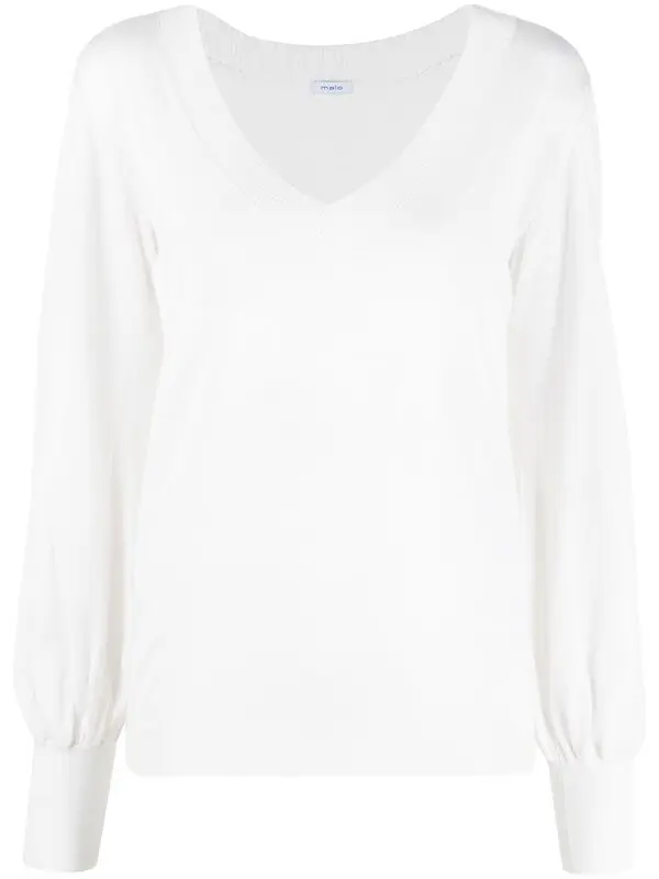 Malo Bishop-sleeve V-neck Knitted Top
