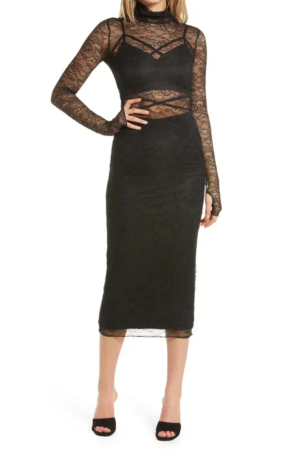 Afrm Long Sleeve Lace Dress In Black - 20% Off