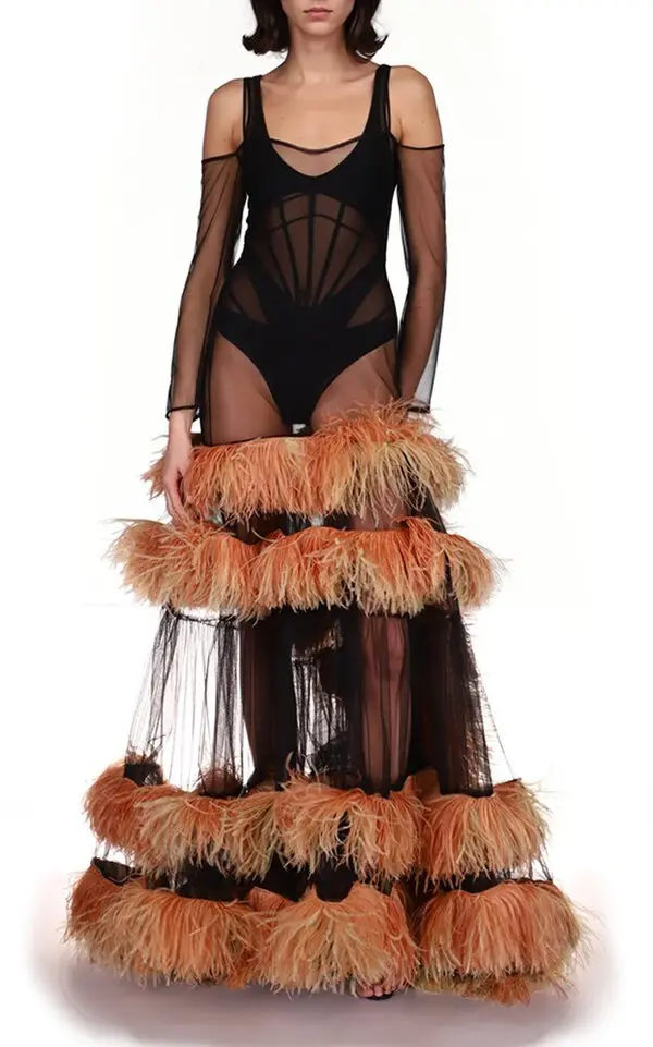 David Koma Net Long Sleeve Feather Trim Gown Only