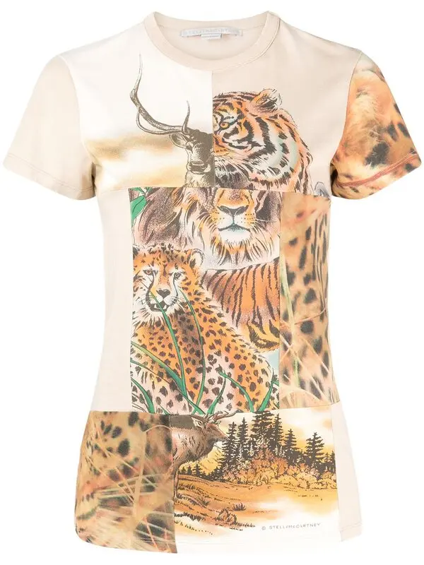 Stella McCartney Tiger Print Patchwork T-shirt - Neutrals