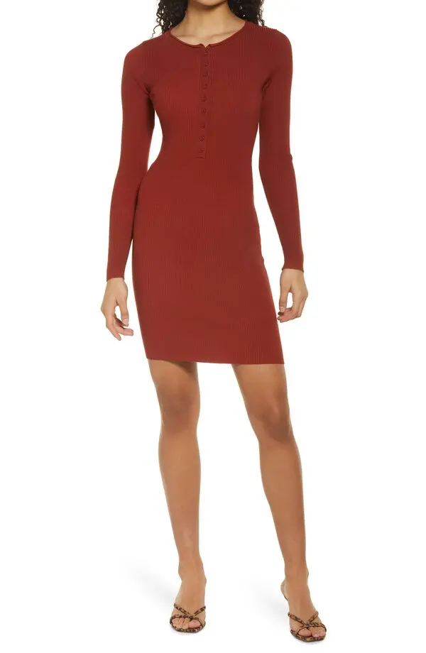 Sndys Ryder Henley Long Sleeve Body-Con Minidress In Rust - 40% Off |  Editorialist