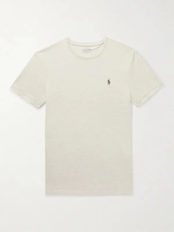 Polo Ralph Lauren Slim-fit Logo-embroidered Mélange Cotton-jersey T-shirt - Neutrals