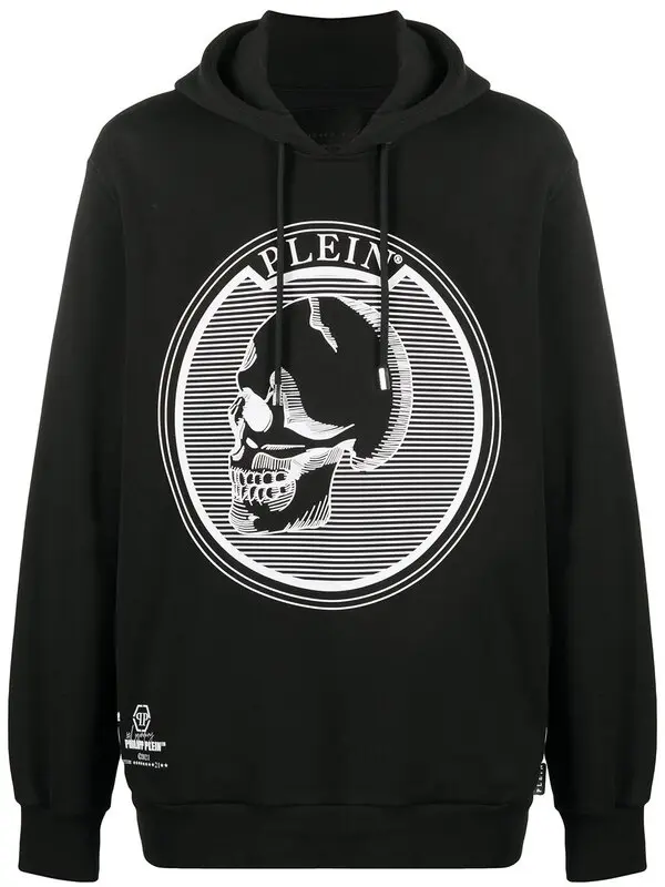 Philipp Plein Outline Skull Hooded Longline Sweatshirt - Black