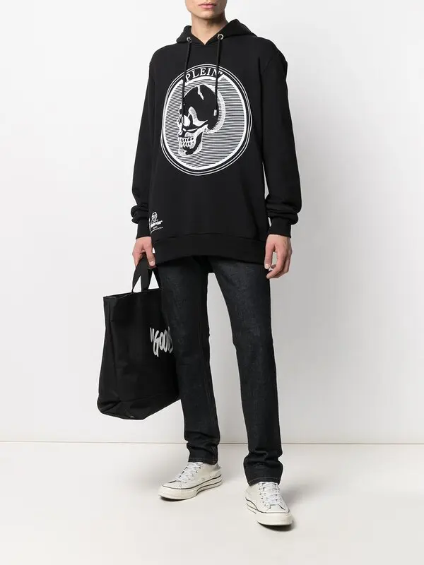 Philipp Plein Outline Skull Hooded Longline Sweatshirt