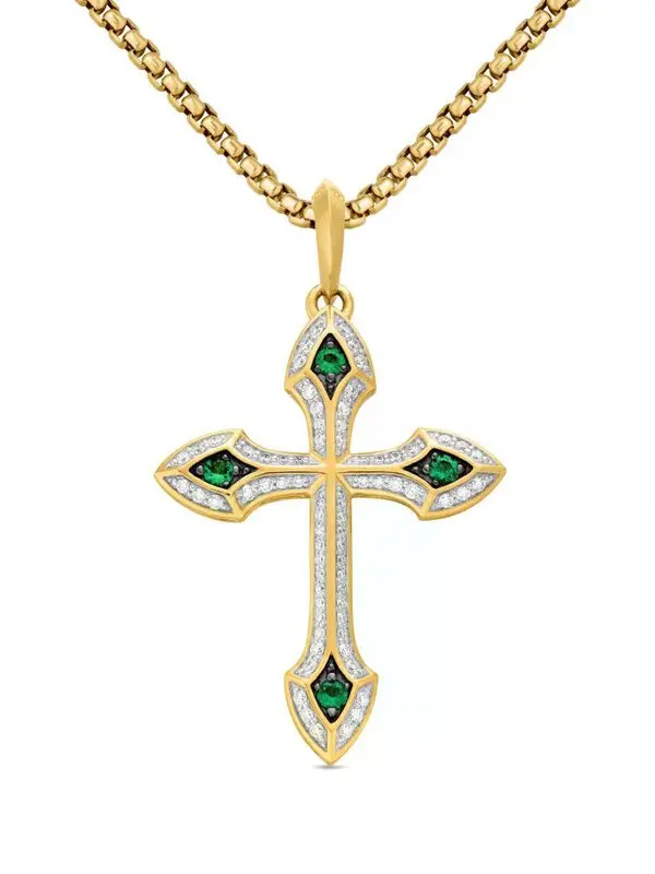 David Yurman 18kt Yellow Gothic Cross Diamond And Emerald Amulet - Gold