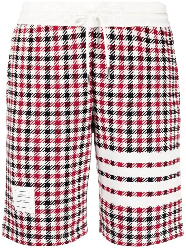 Thom Browne Check-pattern Shorts With Logo Patch - Red