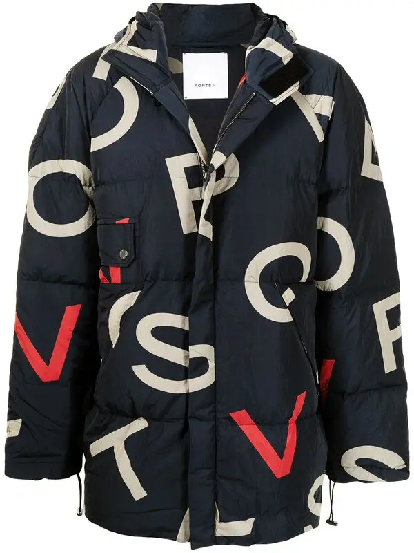 PORTS V Logo-print Oversized Padded Jacket - Blue