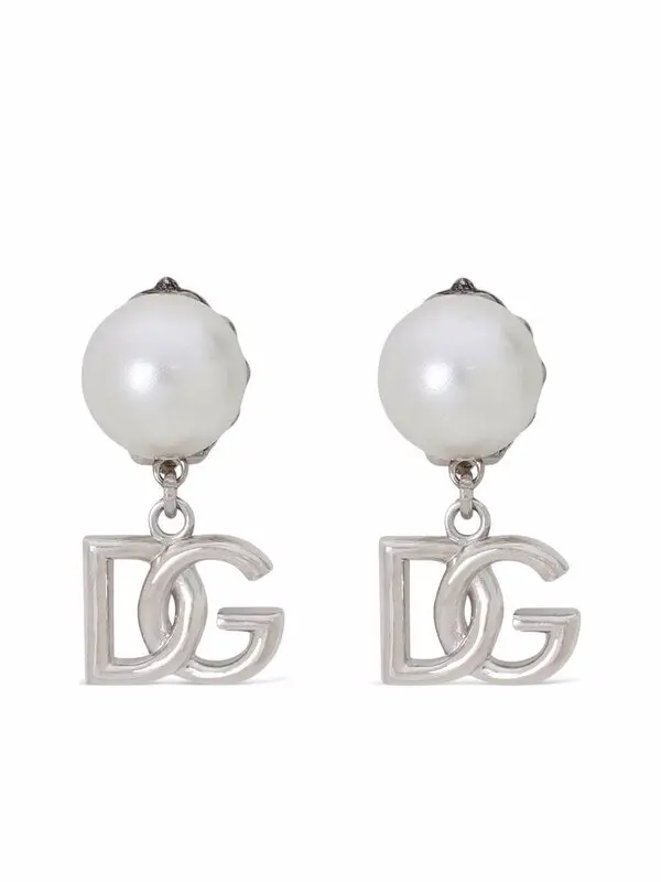 Dolce & Gabbana Dg Logo Pearl Embellished Drop Earrings - Silver