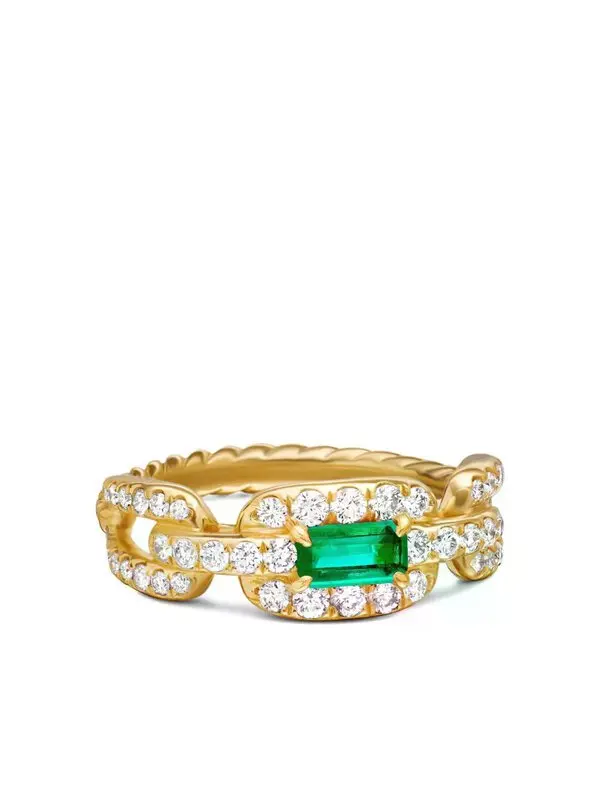 David Yurman 18kt Yellow Stax Chain Link Emerald And Diamond Ring - Gold
