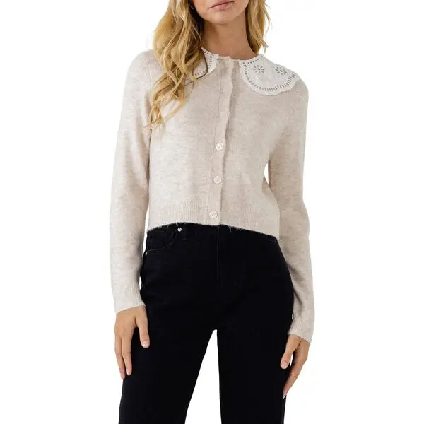 English Factory Eyelet Collar Cardigan - Beige