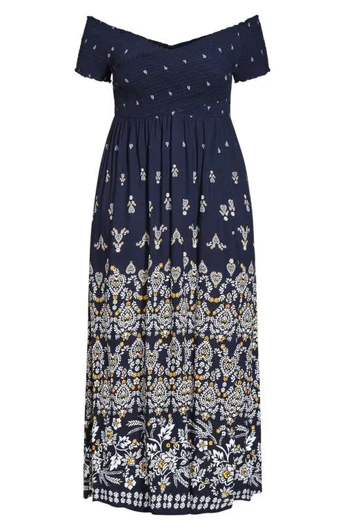 City Chic Off-the-shoulder Maxi Dress With Crochet Hem