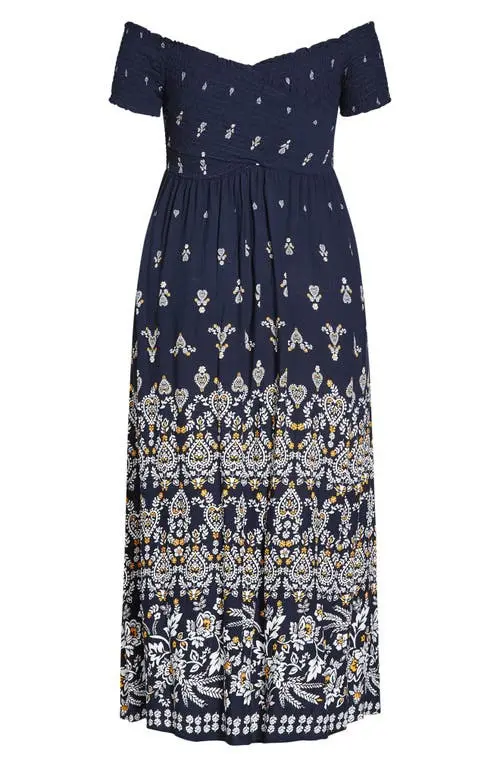 City Chic Off-the-shoulder Maxi Dress With Crochet Hem