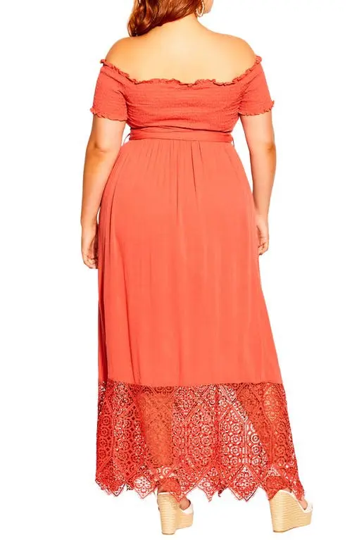 City Chic Off-the-shoulder Maxi Dress With Crochet Hem