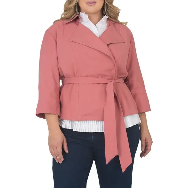 STANDARDS & PRACTICES Belted Cropped Jacket With Notched Lapels And 3/4 Sleeves - Pink