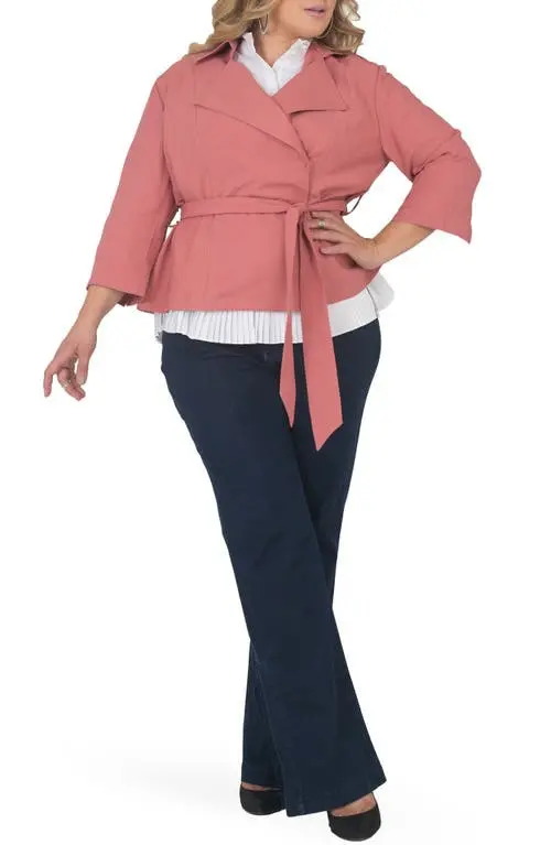 STANDARDS & PRACTICES Belted Cropped Jacket With Notched Lapels And 3/4 Sleeves