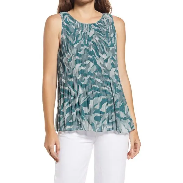 Halogen Sleeveless Pleated Georgette Top - Green Camo Create Print