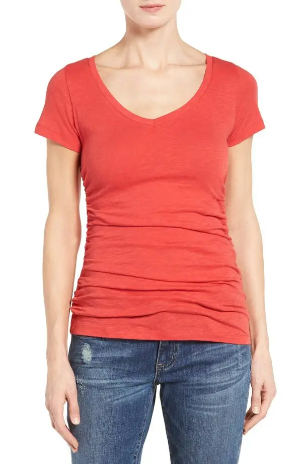 Caslon Shirred V-neck Tee - Red Earth