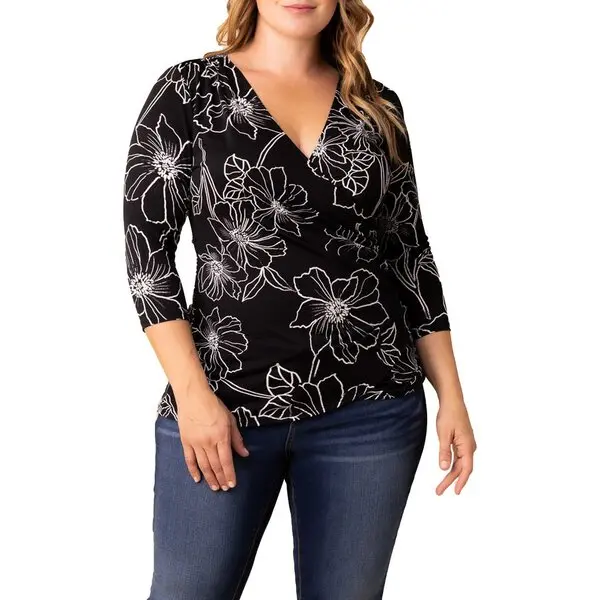 KIYONNA Faux-wrap Top - Black Florals