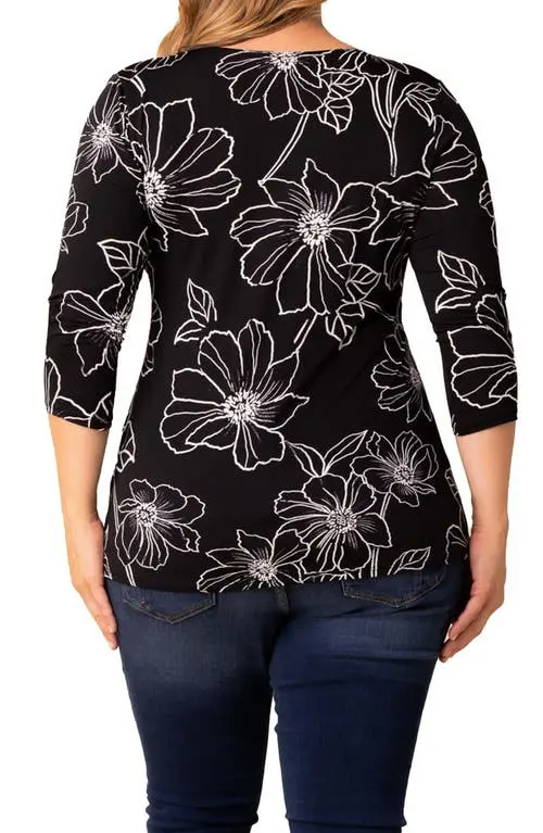 KIYONNA Faux-wrap Top - Black Florals
