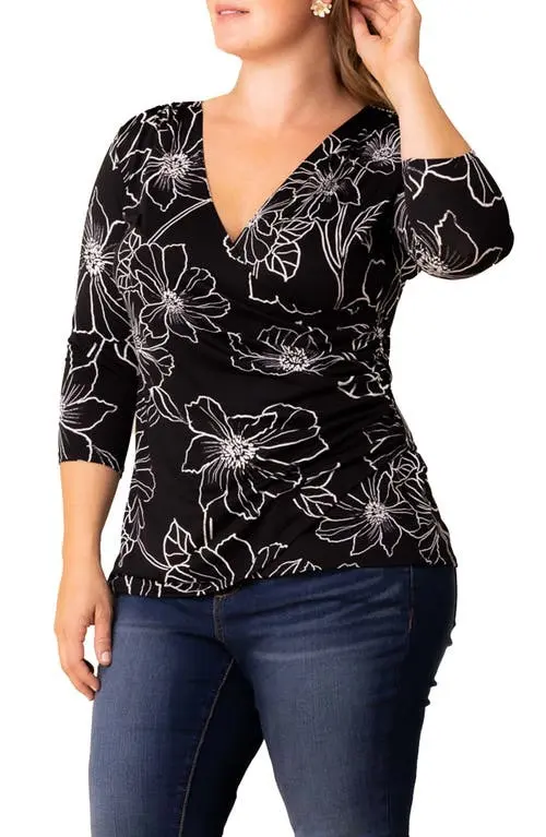 KIYONNA Faux-wrap Top - Black Florals