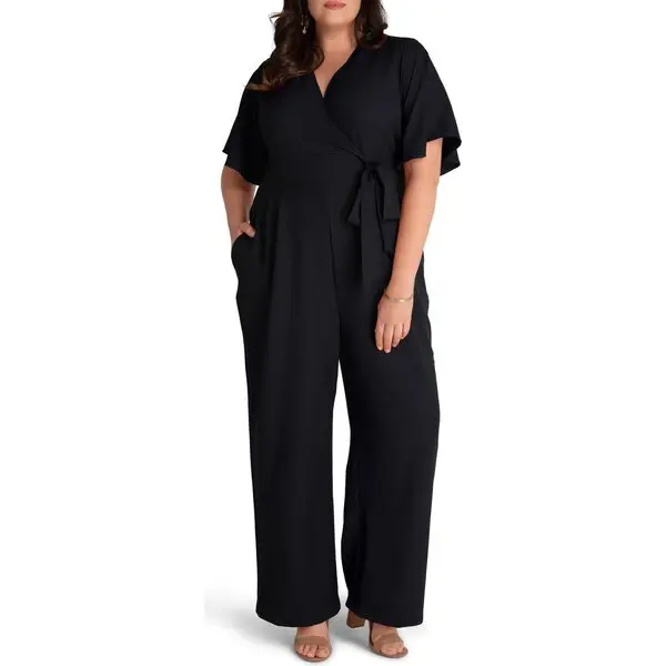 KIYONNA Charisma Faux Wrap Crepe Jumpsuit - Black Noir