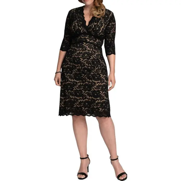 KIYONNA Scalloped Lace Sheath Dress - Black Lace/nude Lining