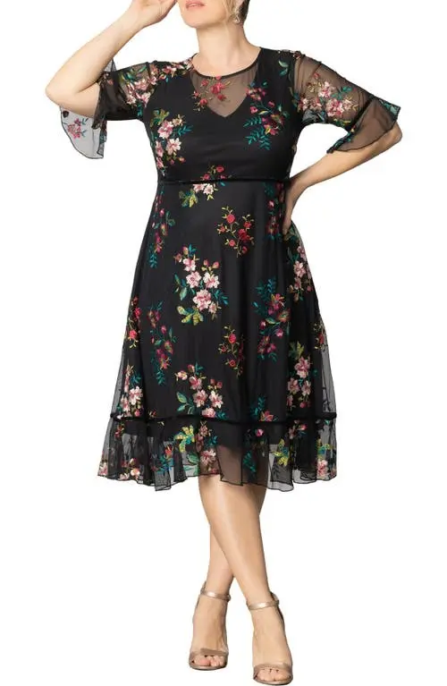KIYONNA Wildflower Embroidered Fit-and-flare Dress - Onyx
