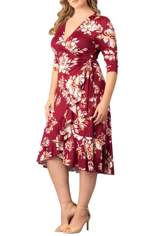 KIYONNA Flirty Flounce Wrap Dress - Red Scattered Florals