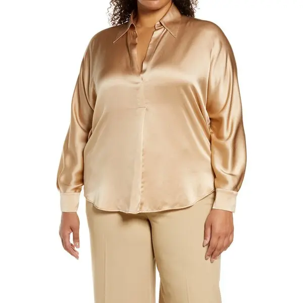 Vince Split Neck Collar Silk Blouse - Chamois