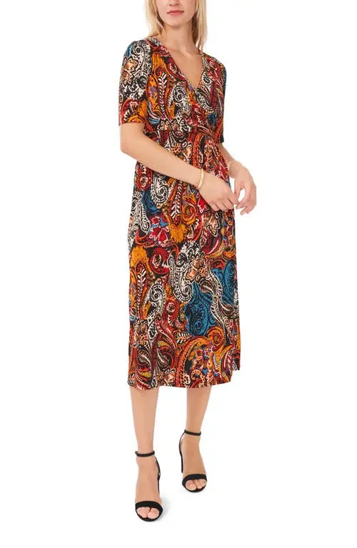 Chaus V-neck Faux Wrap Midi Dress - Black/teal/rust