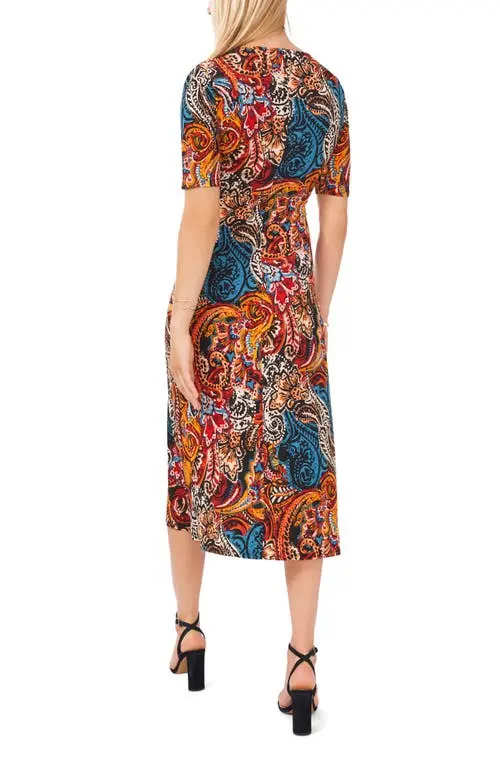 Chaus V-neck Faux Wrap Midi Dress - Black/teal/rust