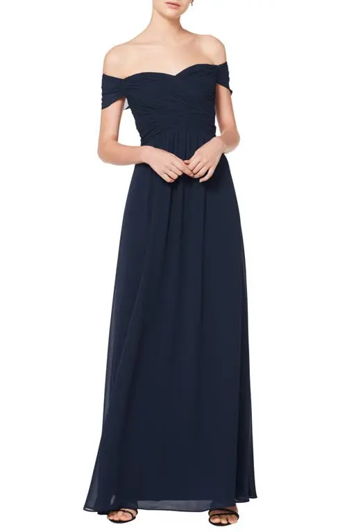#LEVKOFF Off The Shoulder Chiffon A-line Gown - Navy
