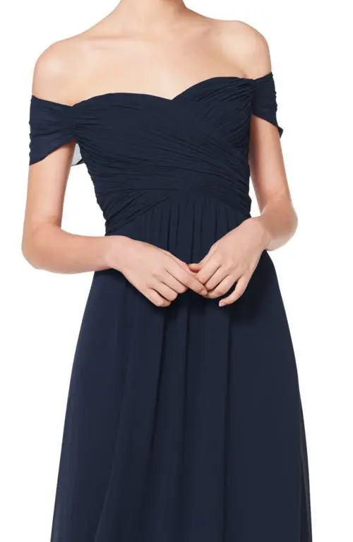 #LEVKOFF Off The Shoulder Chiffon A-line Gown - Navy