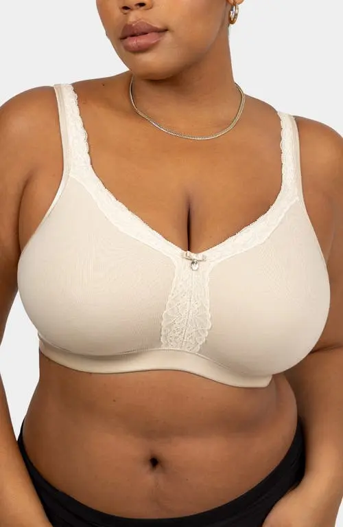CURVY COUTURE Lace Trim Wireless Bra - Natural
