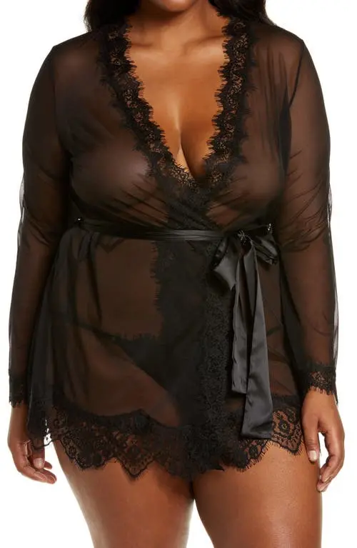 OH LA LA CHERI Lace Trim Mesh Robe & G-string Set - Black