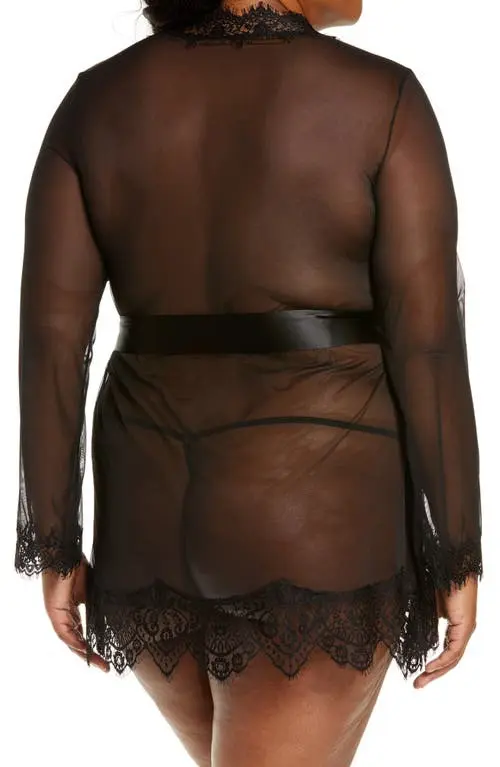 OH LA LA CHERI Lace Trim Mesh Robe & G-string Set - Black