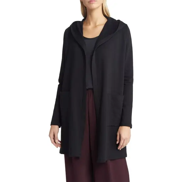 Eileen Fisher Open Front Hooded Cardigan - Black