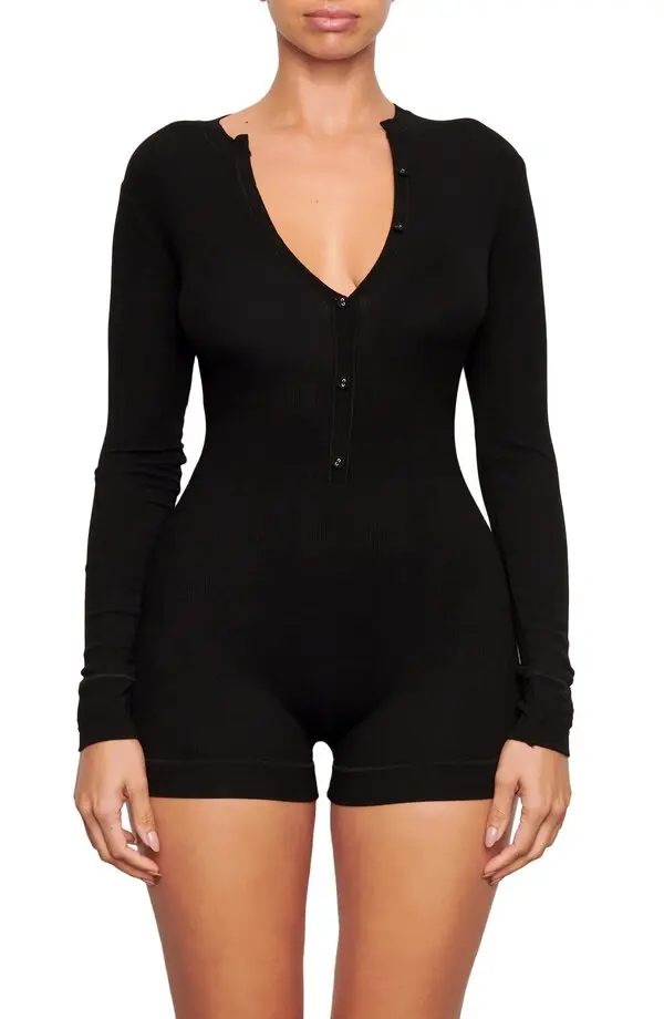 Skims Soft Lounge Long Sleeve Henley Romper Pajamas - Onyx