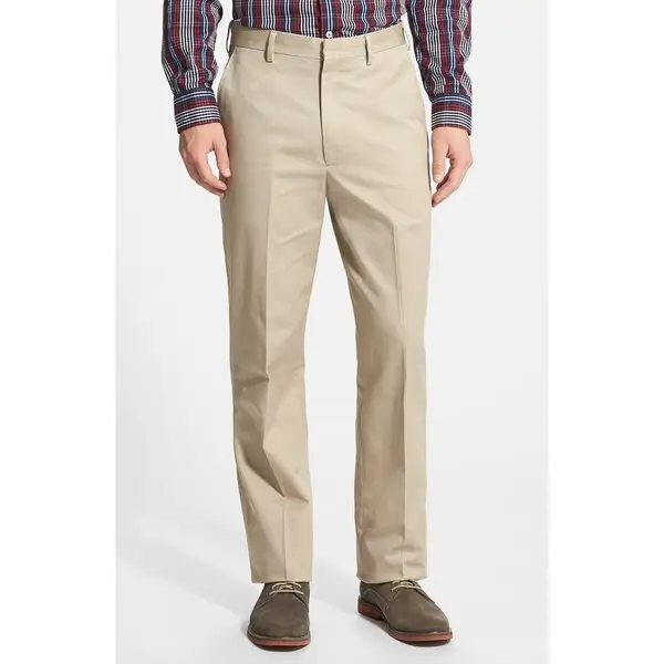 Berle Flat Front Classic Fit Cotton Dress Pants - Khaki