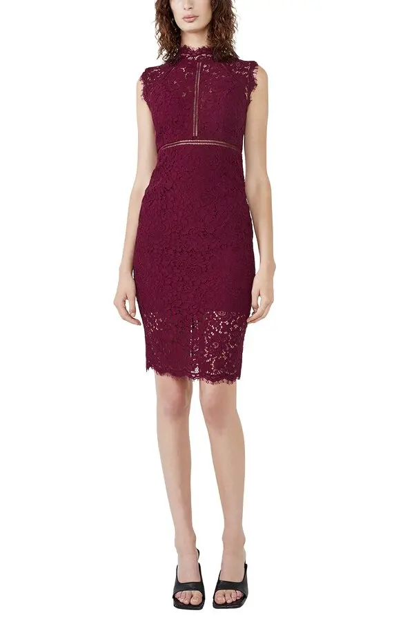 Bardot Lace Sheath Dress In Wine - 50% Off | Editorialist