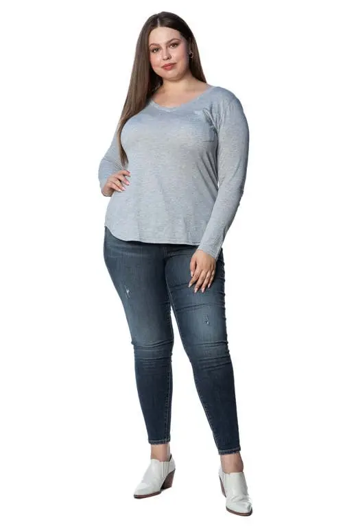 SLINK JEANS V-neck Long Sleeve Pocket T-shirt - Heather Grey