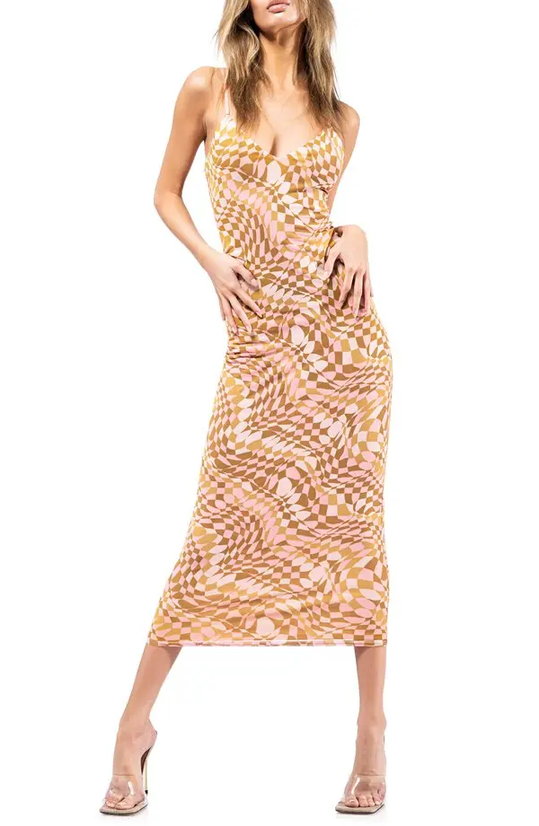knee length dresses for ladies Afrm Checkered Cherry Print Mesh Midi Dress