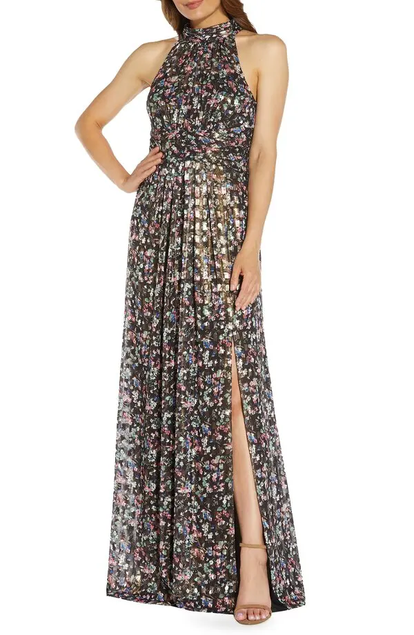 open lace back dress Aidan Mattox Pleated Chiffon Gown, 0 / Black main image 0