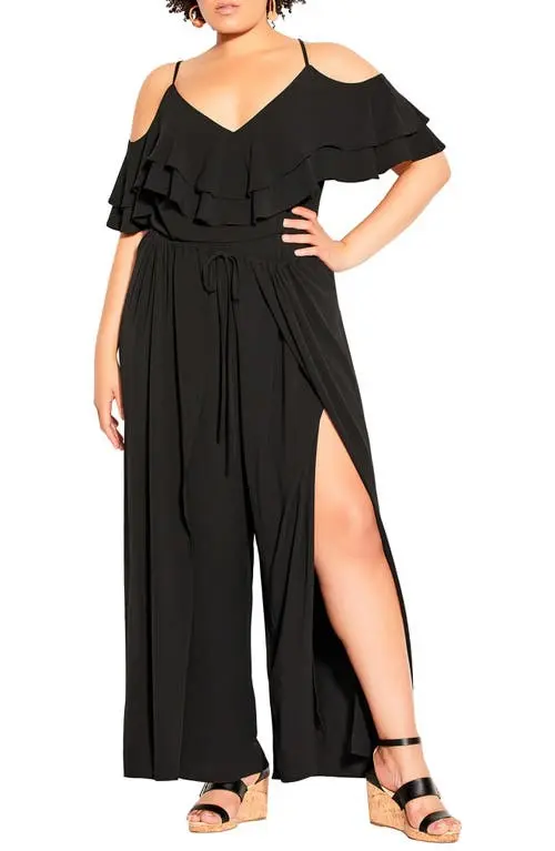 City Chic Cold Shoulder Split Leg Jumpsuit - Black