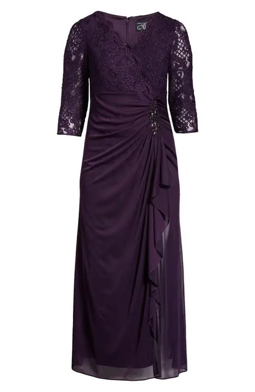 alex evenings eggplant dress Alex Evenings Women's Embellished-Neck Side-Ruched Illusion Dress - Eggplant main image 1