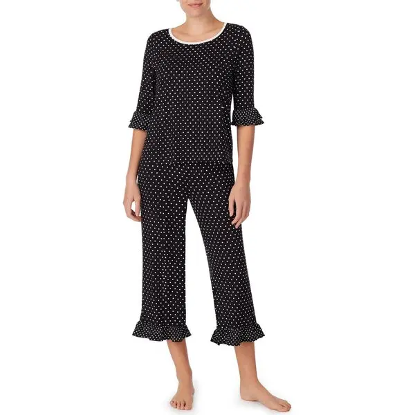 Kate Spade New York Polka Dot Jersey Crop Pajamas - Black Ivory Dot