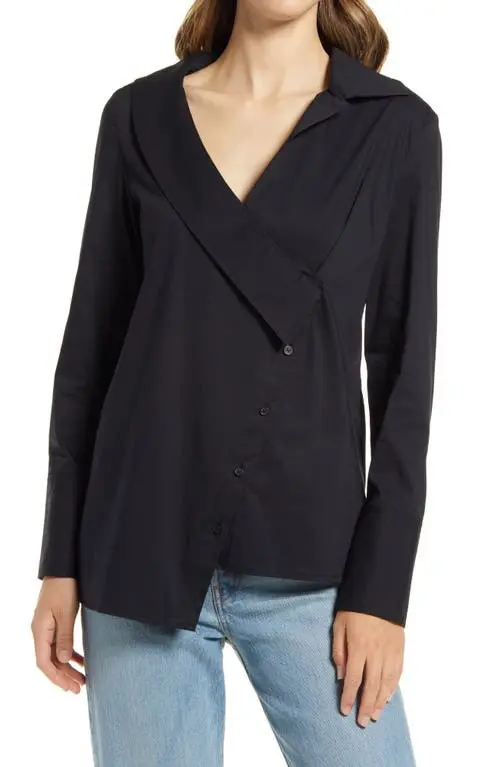 Halogen Asymmetric Button-up Blouse - Black