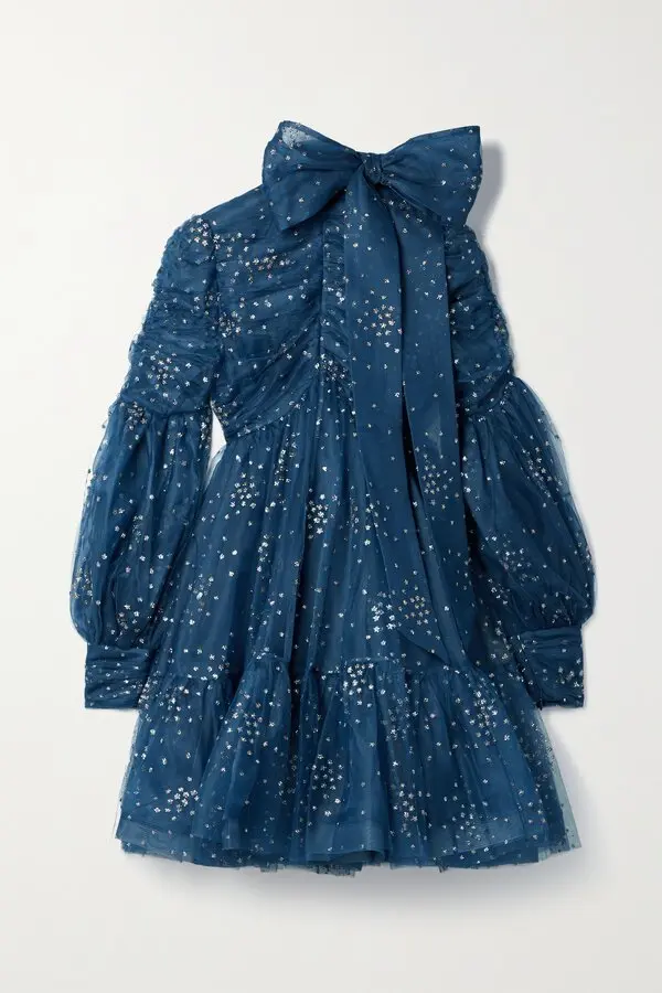 Zimmermann Rhythm Tie-Neck Ruched Flocked Tulle Mini Dress - Blue |  Editorialist