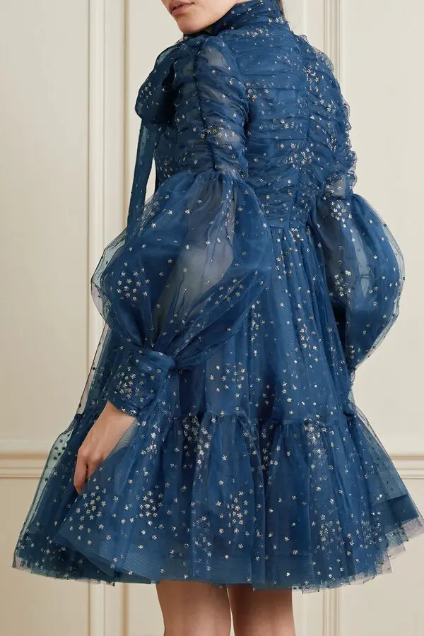 Zimmermann Rhythm Tie-Neck Ruched Flocked Tulle Mini Dress - Blue |  Editorialist